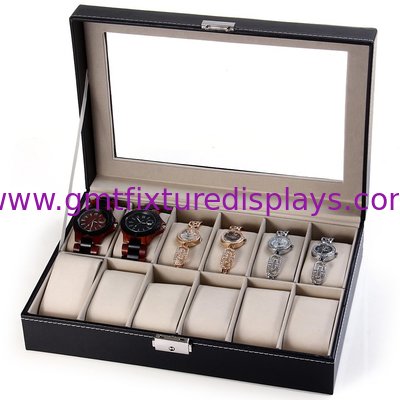 12 Slots Grid PU Leather Locked Wood Watch Display Box  Black Color 260*180*100mm supplier