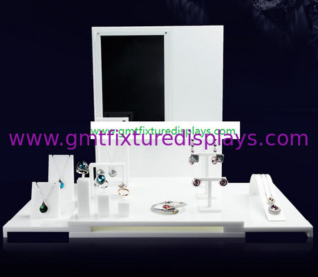 White Acrylic CounterJewelry Display Set for Showcase Foldable Plexiglass Jewellery Stand With Back Panel supplier