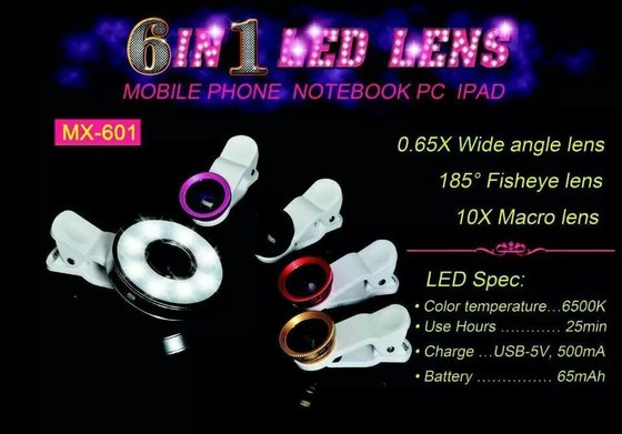 6 in 1 LED Night Using Selfie Sync Effect Micro Fisheye Wide Lens for Camera, Phone FS-01 supplier
