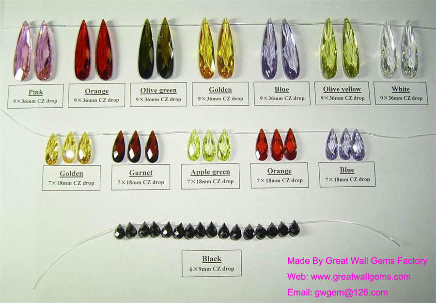 9x36 & 7x18mm cubic zirconia (CZ) faceted pear, with a hole on the top (side to side)