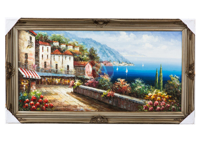 Beautiful beach and buildings seascape oil painting on canvas wall art for home decoration