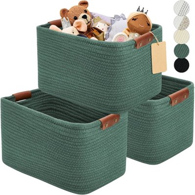 Woven Rope Storage Baskets Set of 3-Organizer Woven Basket-Lightweight & Portable Cotton Bins for Clothes, Beddings,