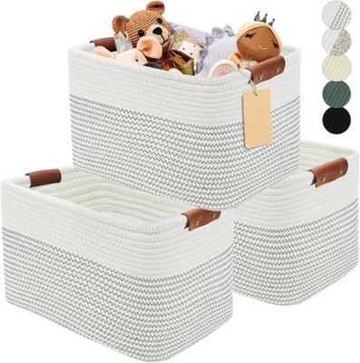 Woven Rope Storage Baskets Set of 3-Organizer Woven Basket-Lightweight & Portable Cotton Bins for Clothes, Beddings,