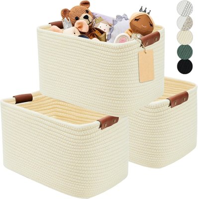 Woven Rope Storage Baskets Set of 3-Organizer Woven Basket-Lightweight & Portable Cotton Bins for Clothes, Beddings,