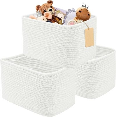 Woven Rope Storage Baskets Set of 3-Organizer Woven Basket-Lightweight & Portable Cotton Bins for Clothes, Beddings,