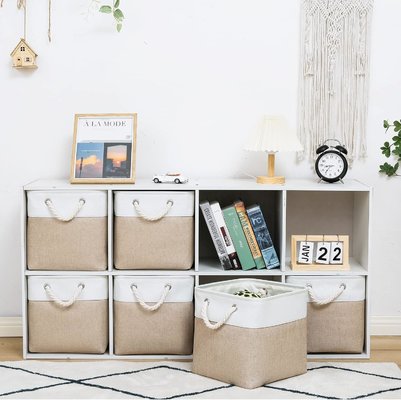 Cube Storage Bins, 6 Pack Large Collapsible Fabric Storage Bin with Ropes, Foldable Storage Cubes for Home, Office,Close