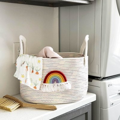 basket woven kid,Woven Rope Basket, Gift Basket for Kids, Medium Shelf Storage Basket, Colorful Rainbow Basket, Baby Bas
