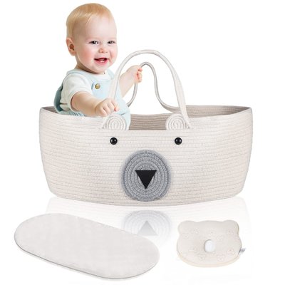 Hand-Woven Moses Basket for Babies with Soft Pad & Pillow, baby changing basket set of 3 ,portable baby diaper changing