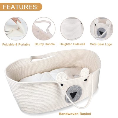 Hand-Woven Moses Basket for Babies with Soft Pad & Pillow, baby changing basket set of 3 ,portable baby diaper changing