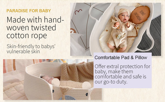 Hand-Woven Moses Basket for Babies with Soft Pad & Pillow, baby changing basket set of 3 ,portable baby diaper changing