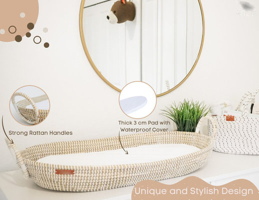 Premium Seagrass Baby Changing Basket,Changing Basket with waterproof Pad,Baby Changing Basket,Baby Changing Table