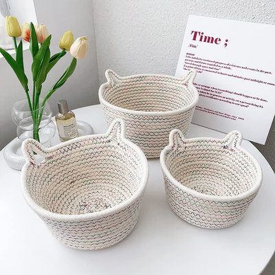 Small round Woven Baskets | Mini Storage Bins | Cotton Rope Baby Nursery Organizers for desk