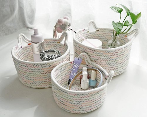 Small round Woven Baskets | Mini Storage Bins | Cotton Rope Baby Nursery Organizers for desk