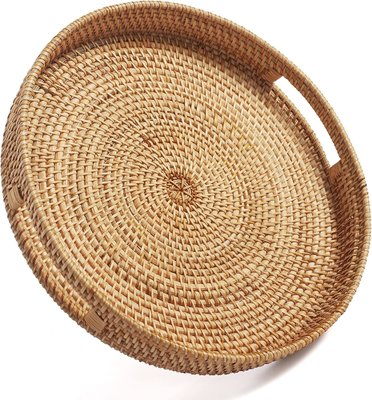 2024 New arrival Round Rattan Serving Tray Decorative Woven Ottoman Trays with Handles for Coffee Table Natural color