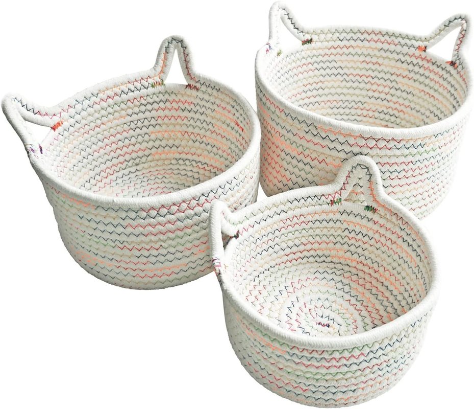 Small round Woven Baskets | Mini Storage Bins | Cotton Rope Baby Nursery Organizers for desk