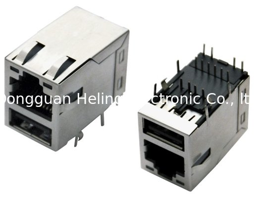 RJ45 jack over single USB2.0, shielded with EMI fingers, built-in LED