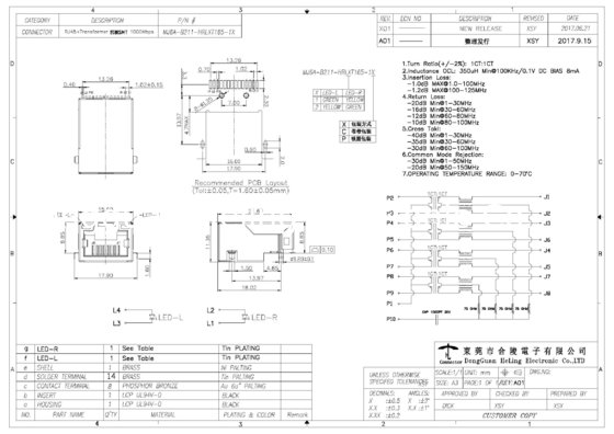 10/100 Base-T ultra low profile surface mount RJ45 connector with Transformer shielded without LED