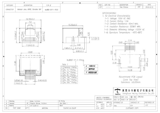 8p8c surface mount recessed RJ45 Modular Jack connector with  H=6.85mm low profile