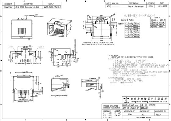 8P8C RJ45 connectors, tab-up, shielded, built-in LEDs, recessed