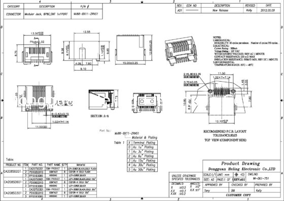 Mini 8P8C RJ45 connectors, tab-down, SMT, sinking plate type