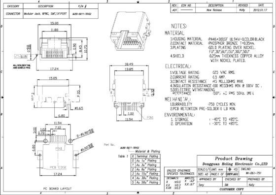 8P8C RJ45 connectors, tab-up, SMT, shielded, sinking plate type