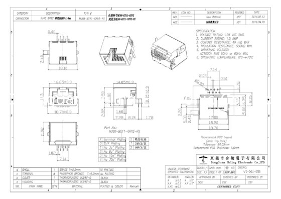 8P8C RJ45 connectors, tab-up, half shielded, sinking plate type