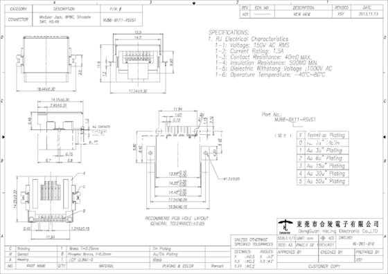 8P8C RJ45 connectors, SMT, half shielded, sinking plate type