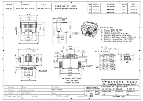 8P8C RJ45 connectors, SMT, middle shielded, sinking plate type