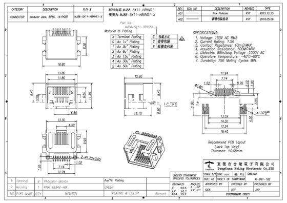 8P8C RJ45 connectors, SMT, sinking plate type