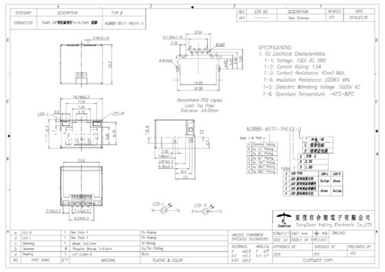 8P8C RJ45 connectors, right angled, shielded, with LEDs, sinking plate type