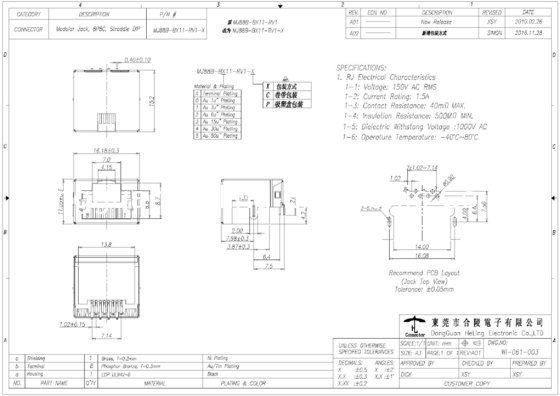 8P8C RJ45 connectors, right angled, tab-up, shielded, recessed type