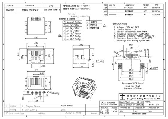 RJ45 modular connectors, right angled, tab-down, white housing, recessed type