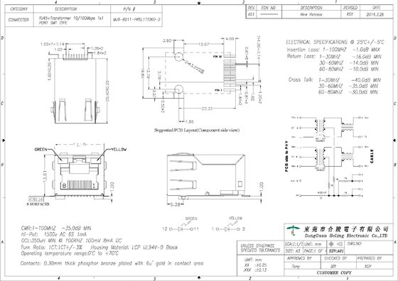 RJ45 connector PCB Transformer tab Up SMT Jack, shielded, built-in LEDs