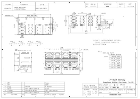 2x6 Multi-port Modular Jack RJ45 with transformer, shielded with EMI fingers, built-in LED