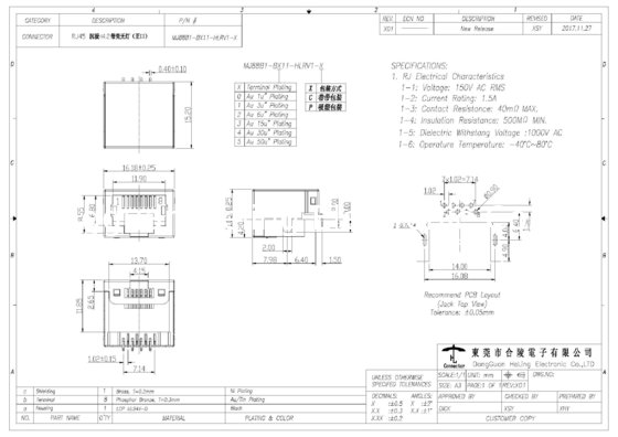 8P8C tap-down recessed low profile RJ45 connector shielded without LED