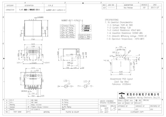 8P8C tap-down recessed low profile RJ45 connector shielded with LED