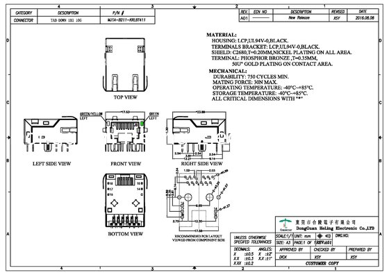 10G Base-T magnetic through-hole RJ45 connector shielded with LEDs