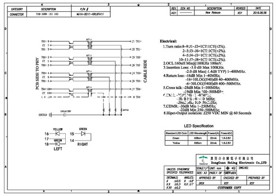 10G Base-T magnetic through-hole RJ45 connector shielded with LEDs