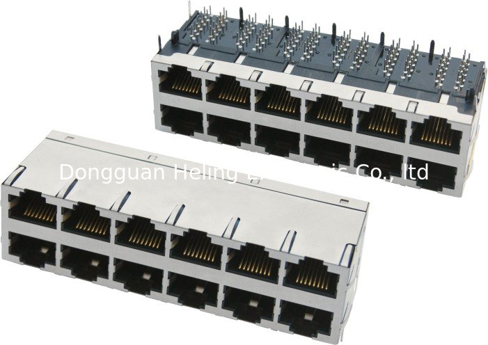 2x6 stacked Modular Jack RJ45 with transformer, shielded with EMI fingers, built-in LED