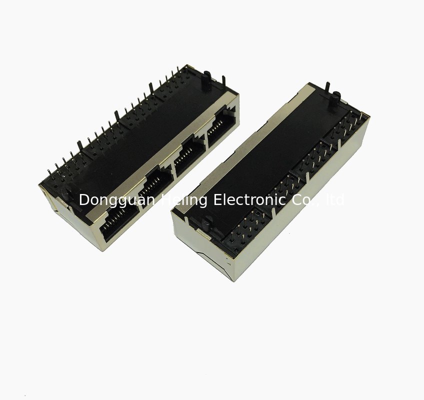Right angle 1x4 multi-port RJ45 Jacks, shielded, without EMI fingers, optional LED