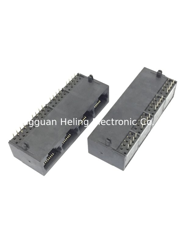 Right angle 1x4 multi-port RJ45 Jacks, unshielded, without EMI fingers, optional LED