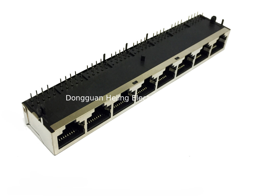 Right angle 1x8 multi-port RJ45 Jacks, shielded, without EMI fingers, optional LED