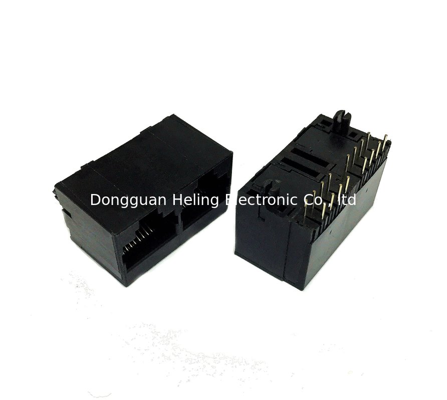 Right angle 1x2 multi-port RJ45 Jacks, unshielded, without EMI fingers, optional LED