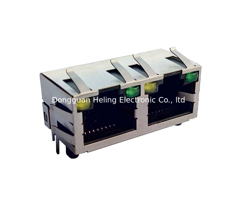 Right angle 1x2 multi-port RJ45 Jacks, shielded, without EMI fingers, built-in LED