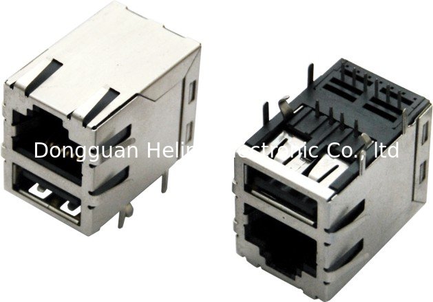 RJ45 jack over single USB2.0, shielded with top and both side EMI fingers