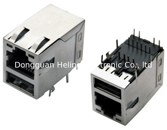 RJ45 jack over single USB2.0, shielded with EMI fingers, built-in LED
