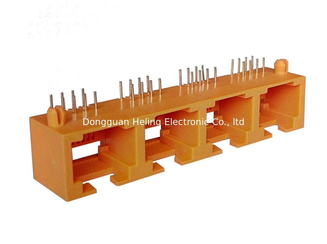Right angle 1x4 multi-port RJ45 Jacks Orange plastic, unshielded