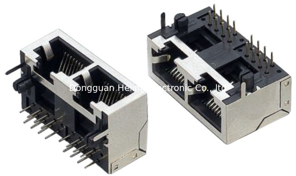 Right angle 1x2 multi-port RJ45 Jacks, shielded, without EMI fingers, optional LED