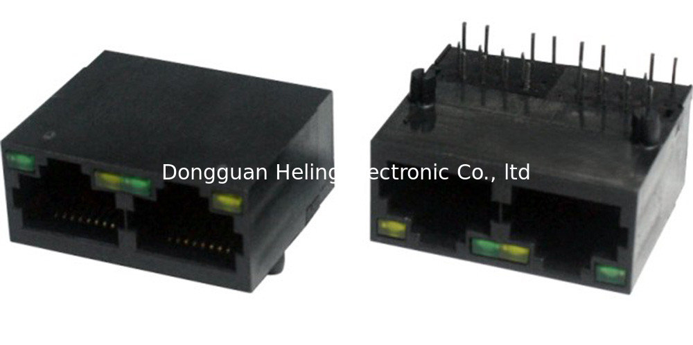 Right angle 1x2 multi-port RJ45 Jacks, built-in LED, with integrated magnetics