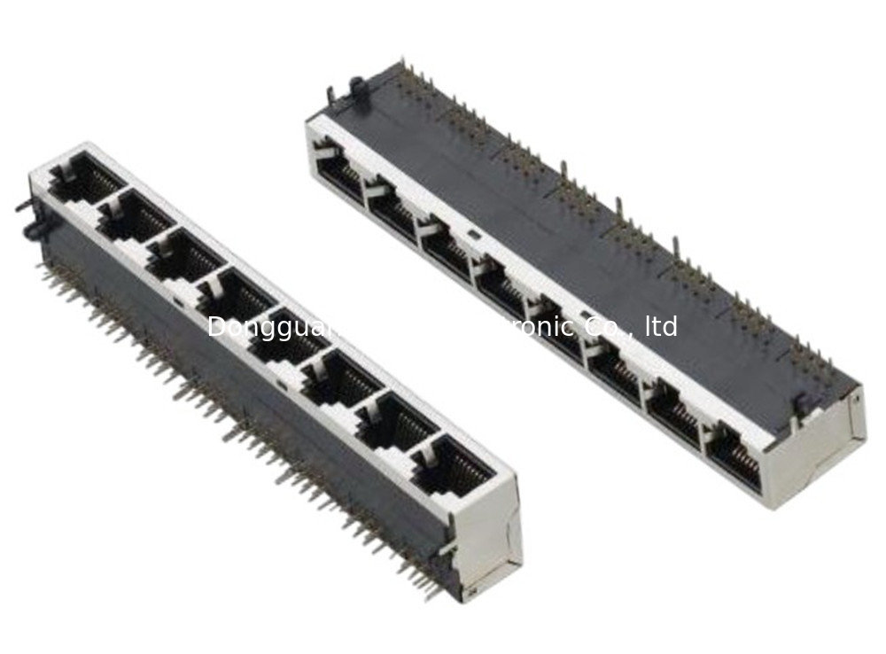 Right angle 1x8 multi-port RJ45 Jacks, shielded, without EMI fingers